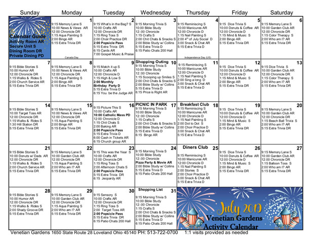 July Activities Calendar